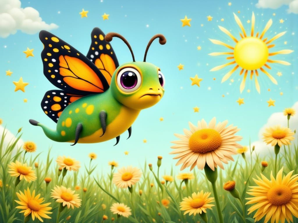 Cartoon Butterfly Confused by Dandelion - AI Art
