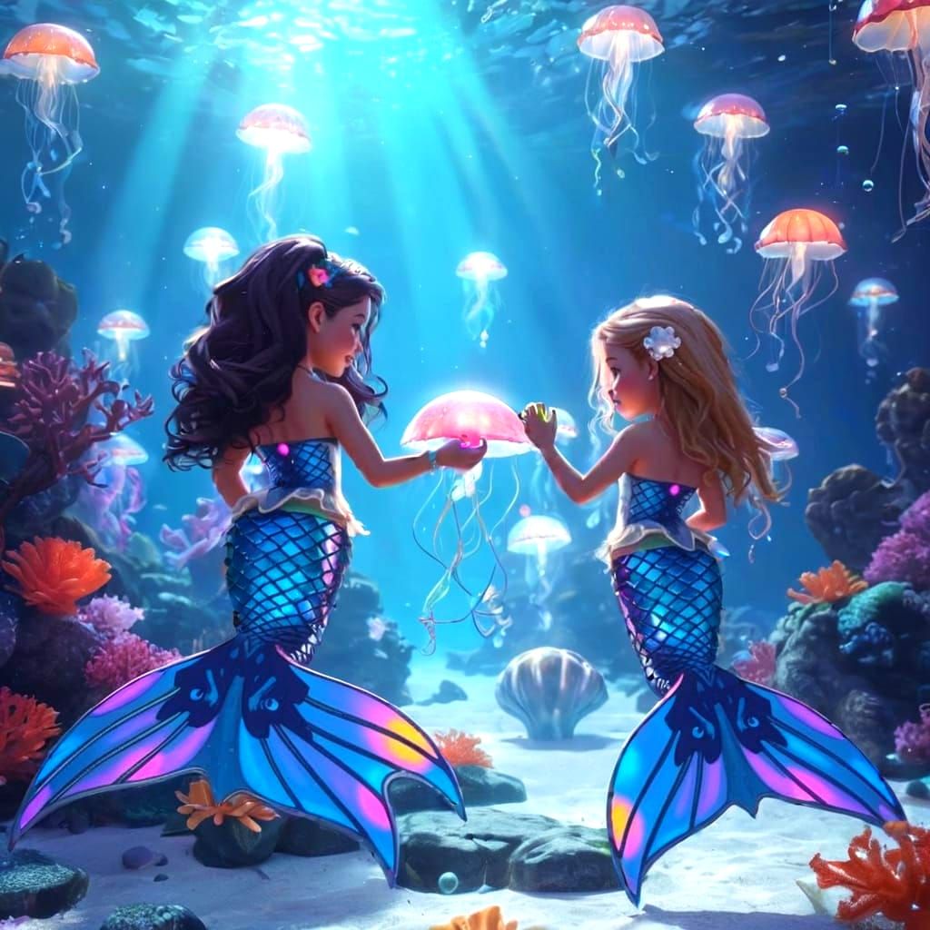 Iridescent Mermaids Dance in Neon Underwater Wonde... - AI Art