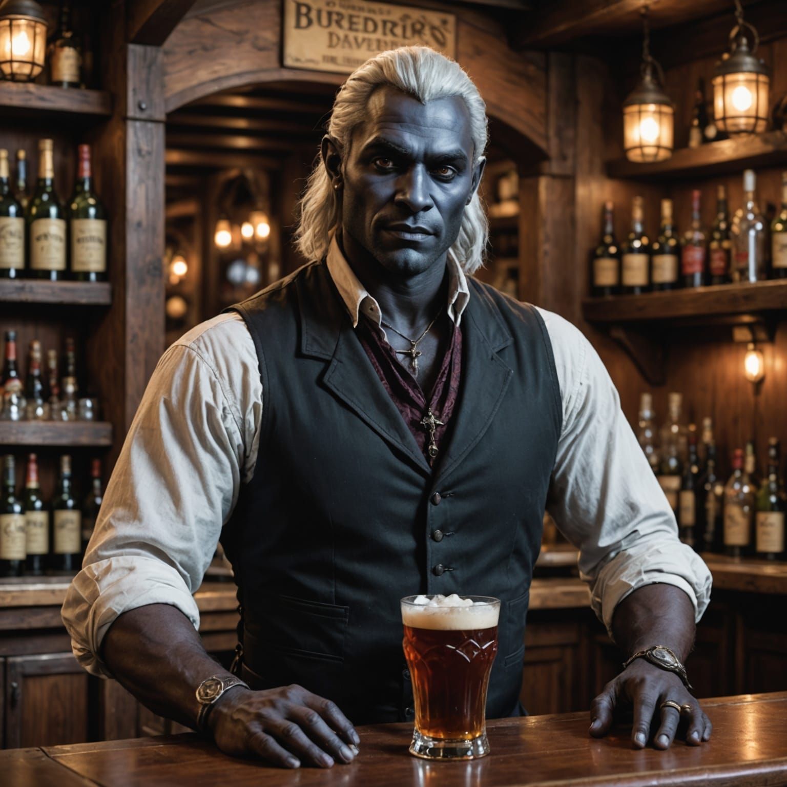 Burly Drow Bartender in a Cozy Tavern - AI Art