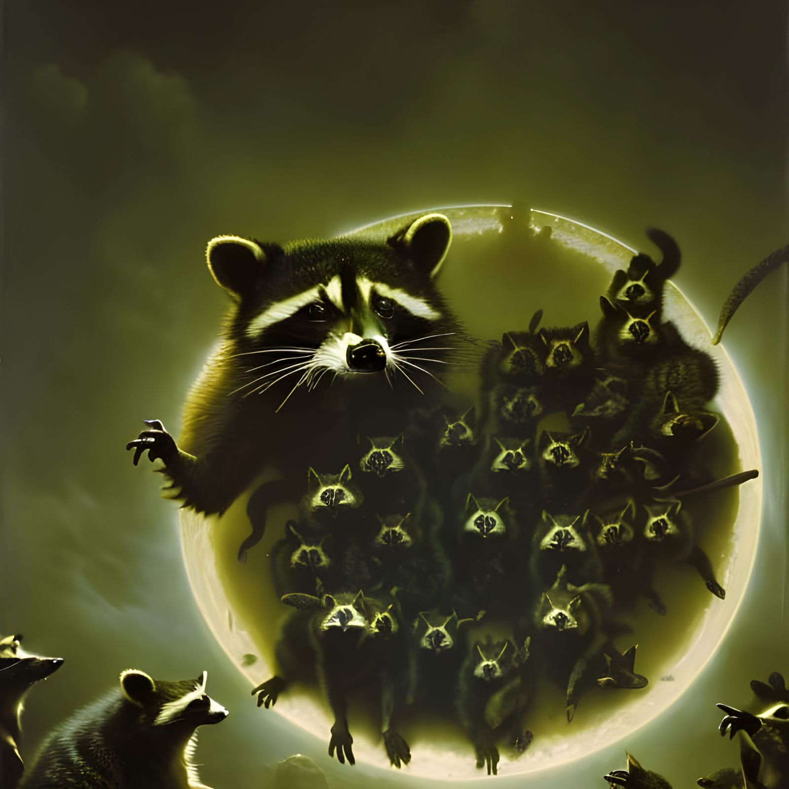 8 angry raccoons in a circle horror Gustave Doré Greg Rutkowski - AI ...