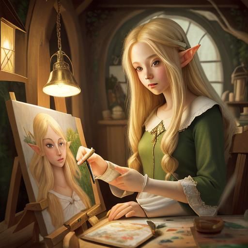 Elf painting a self-portrait, elf painting on canvas, elf panting a ...