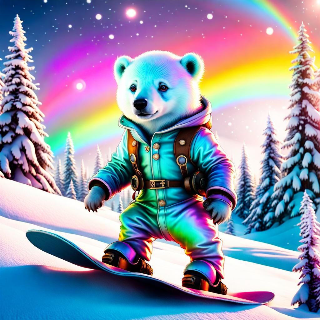 Steampunk baby polar bear Snowboarding in Winter Wonderland - AI ...