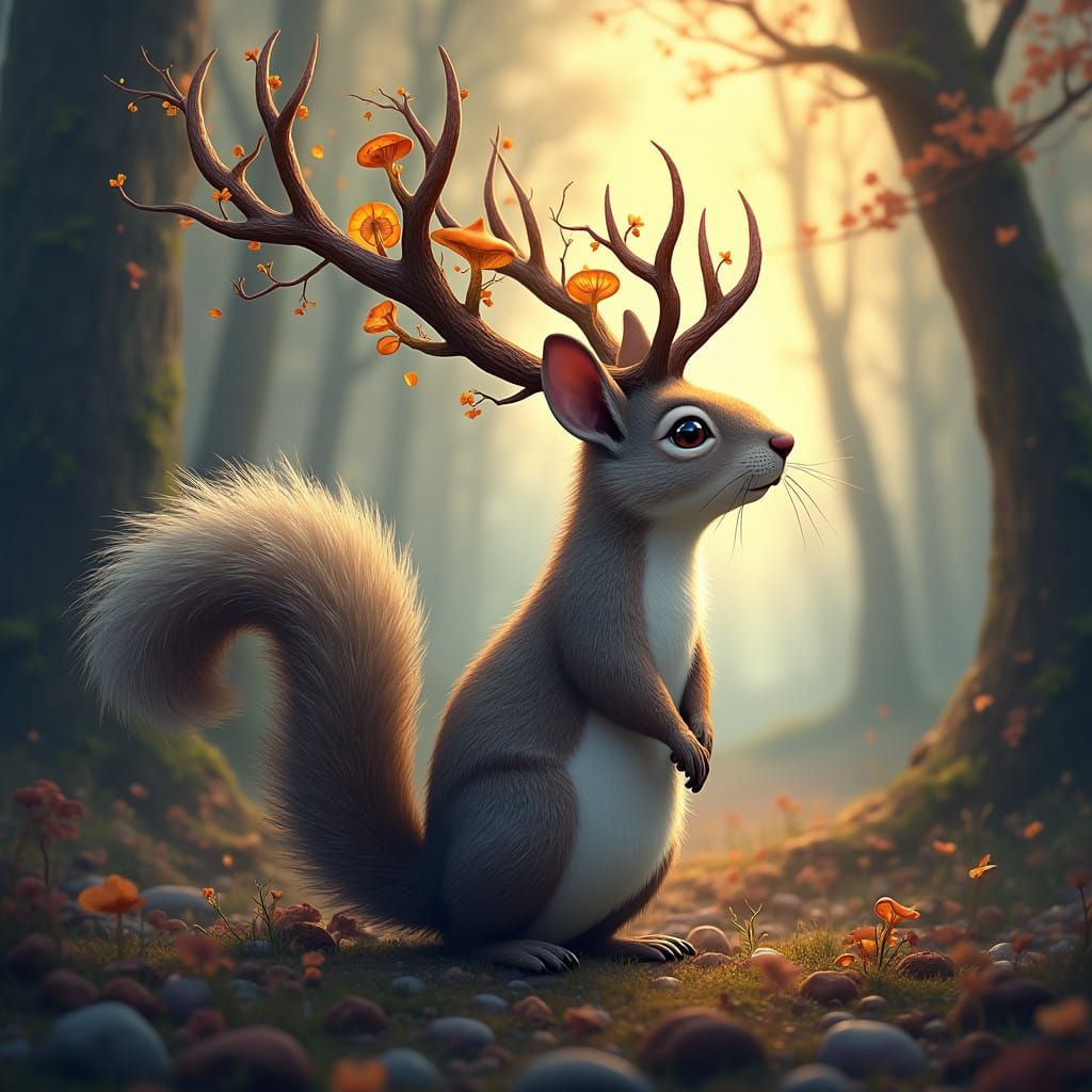 Fantasy Squirrel with Majestic Antlers in a Magica... - AI Art