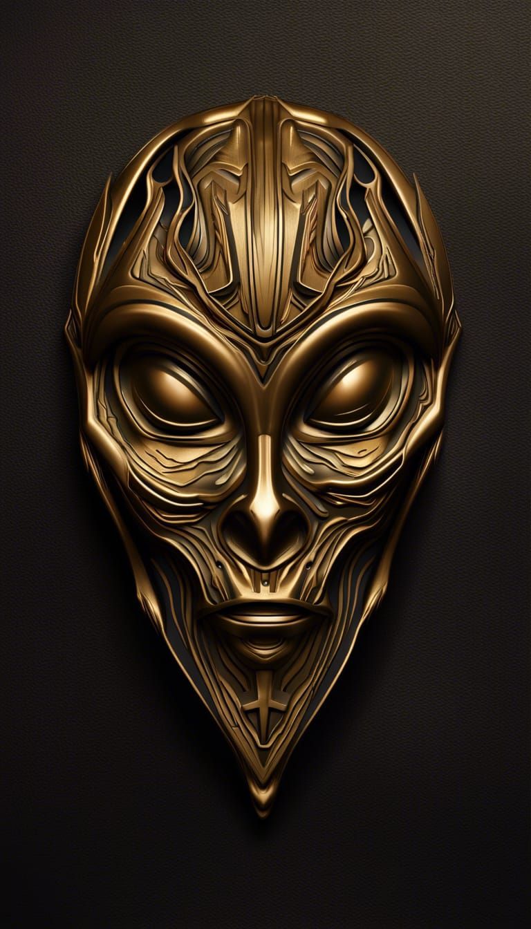 A face logo of an organic alien gold matte cast in iron with detailed ...