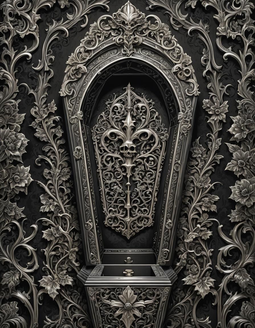 gothic all-black damask silver coffin open casket victorian dead ...