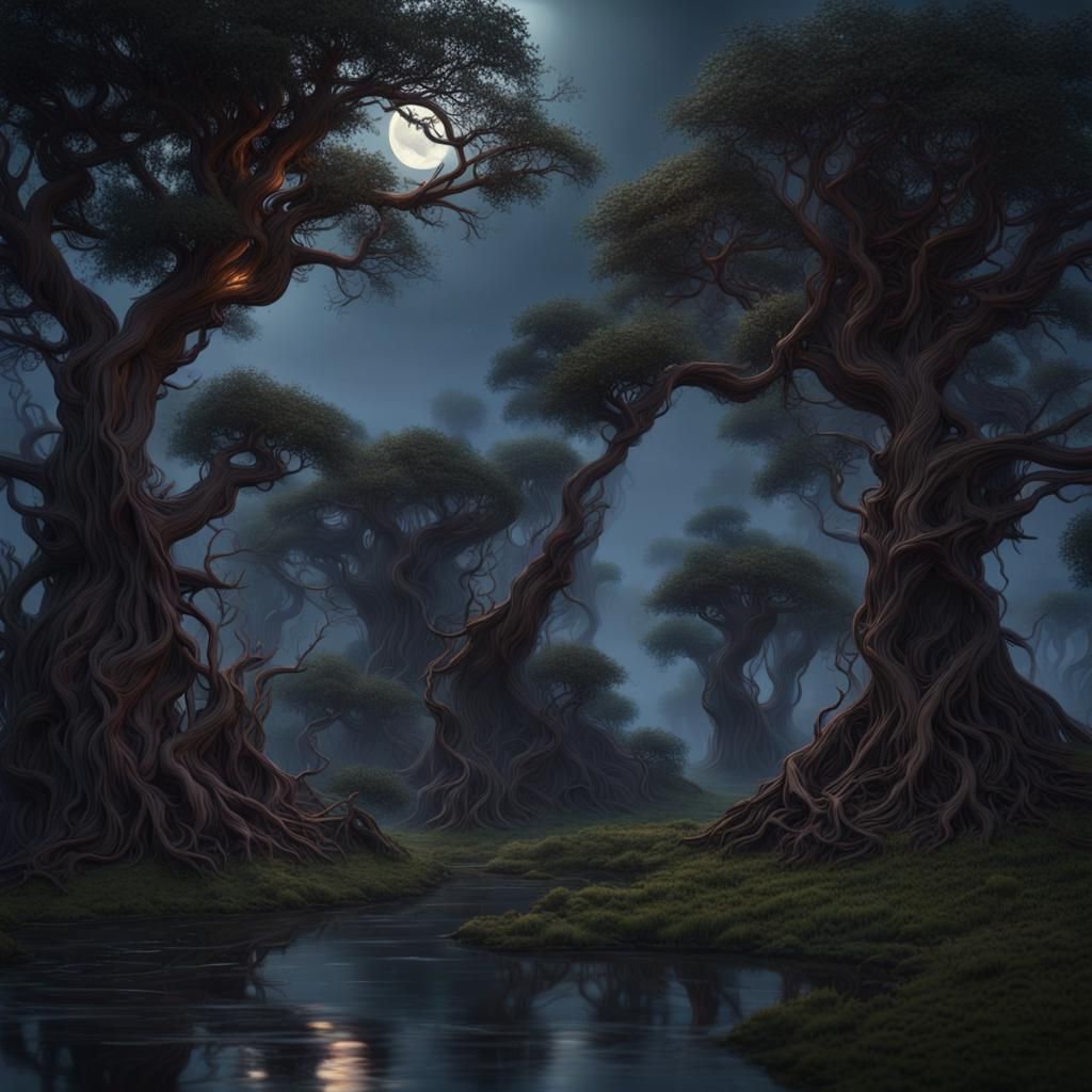 gothic island oasis, twisted trees, moon lit landscape, beautiful dark ...