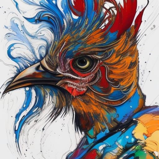 Portrait of a badass rooster! Borderlands: paper marbling! Oil splash ...