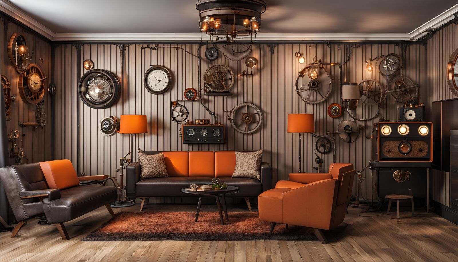 steampunk living room covered half the wall height with subdued, light ...