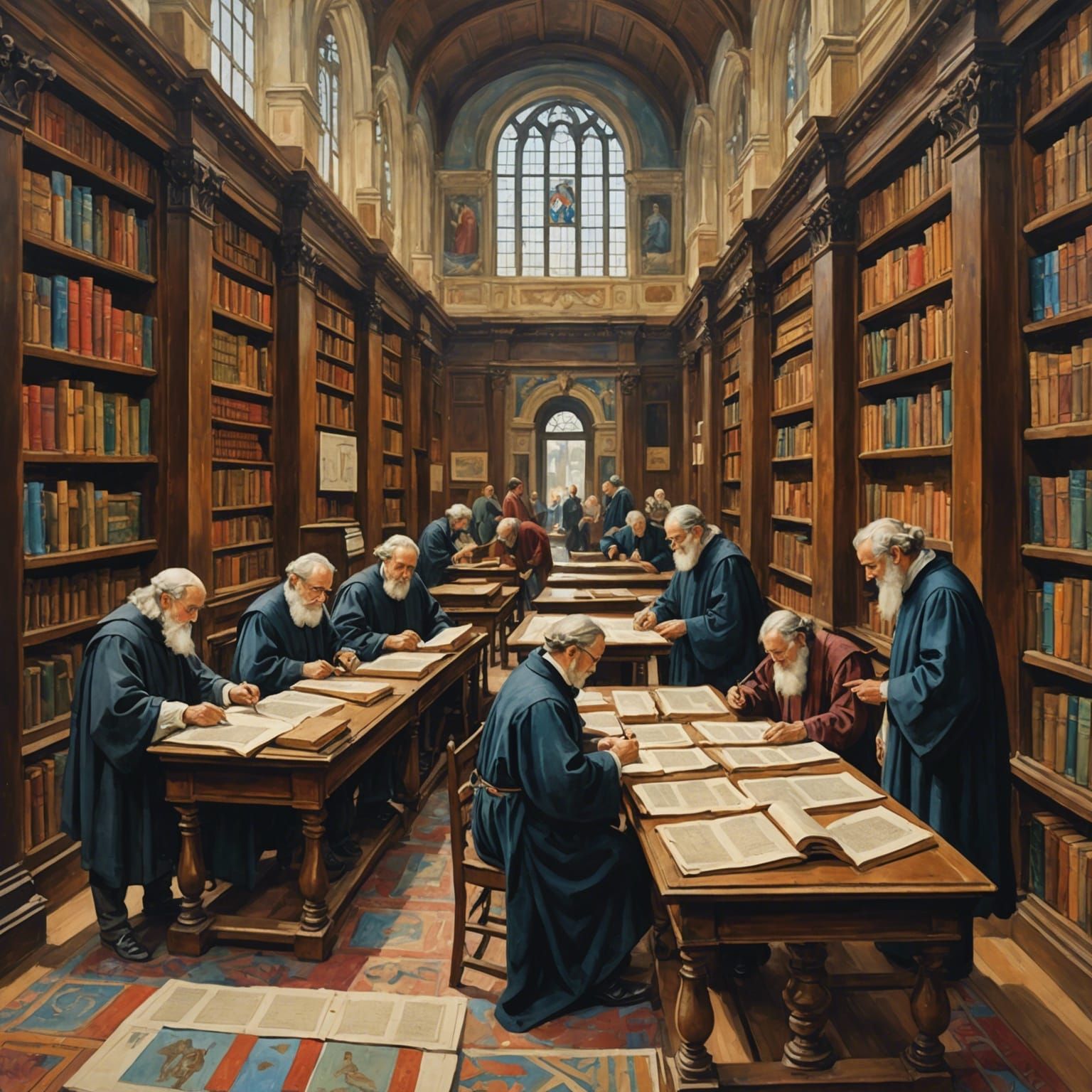 Scholars surrounded by antique scrolls, clay tablets, and artifacts in ...