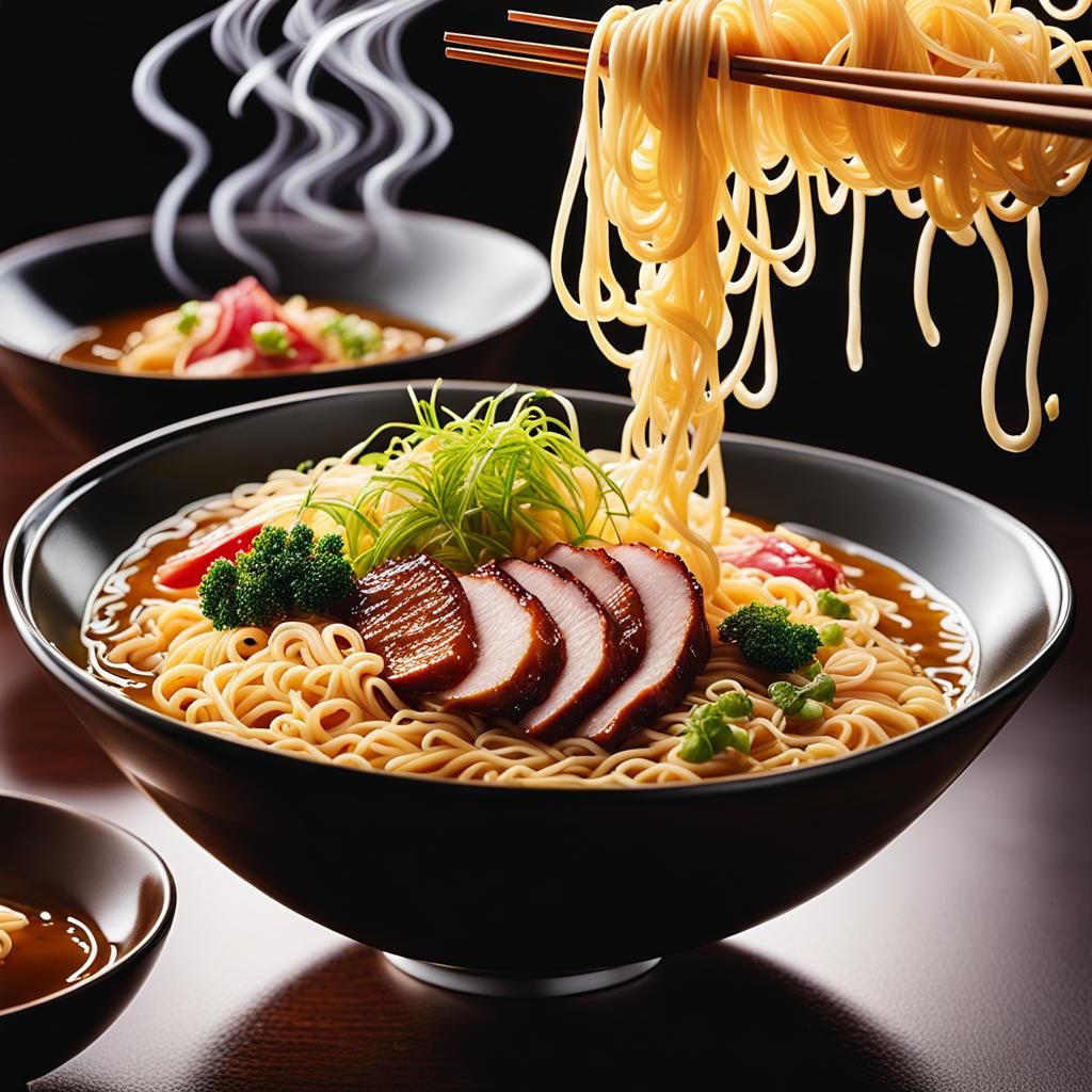 An appetizing and visually enticing food magazine photograph of ramen ...