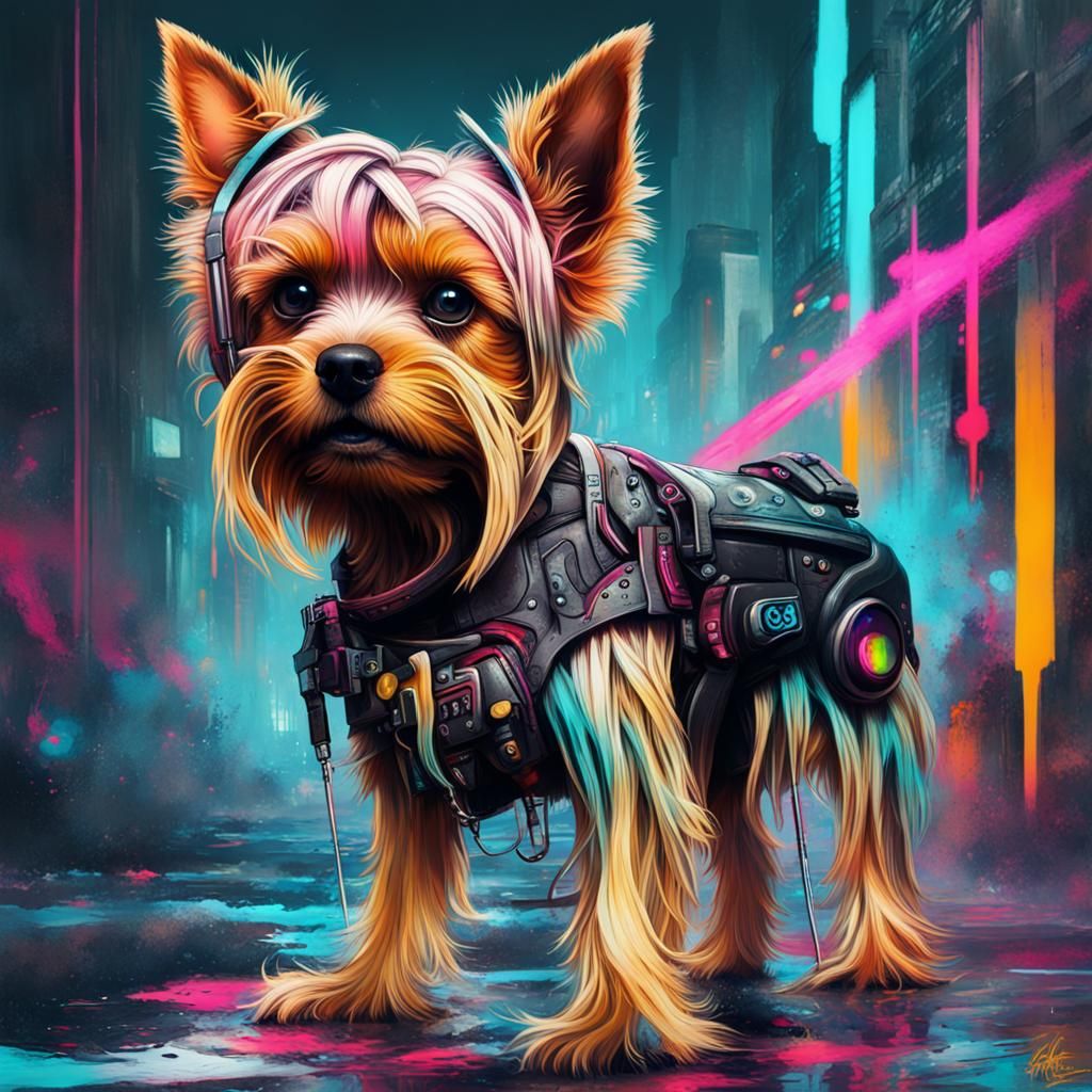 personified yorkshire terrier cyberpunk characteristic with letal weapon and elmetgraffiti art ...
