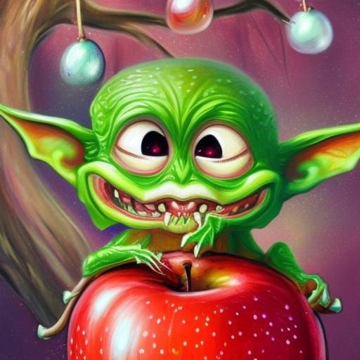 Green Gremlin with an Apple - AI Generated Artwork - NightCafe Creator