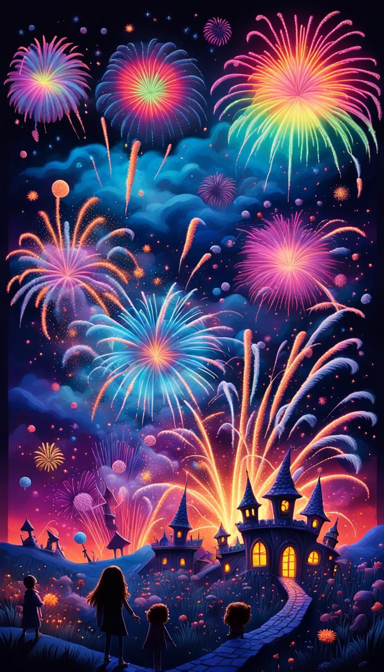 Blacklight poster of fireworks in the sky, side view on fantasy ...