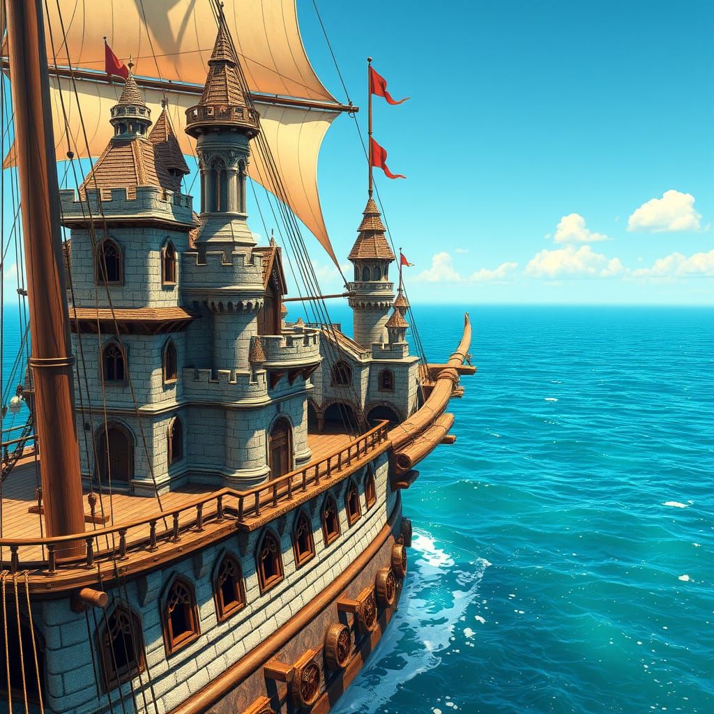 Majestic Castle Ship Sails Ocean in 3D Anime Style - AI Art