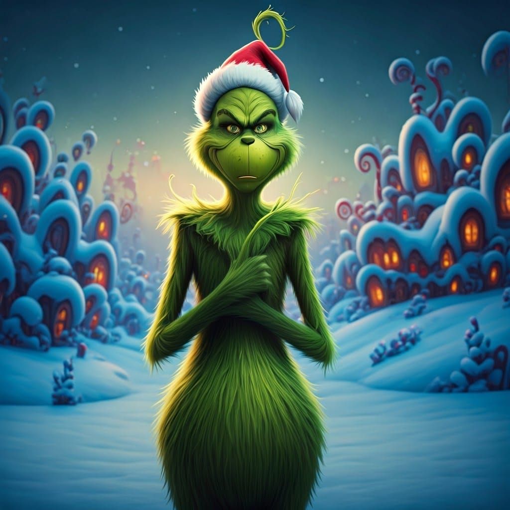 Whimsical Grinch in Snow-Covered Whoville Scene, i... - AI Art
