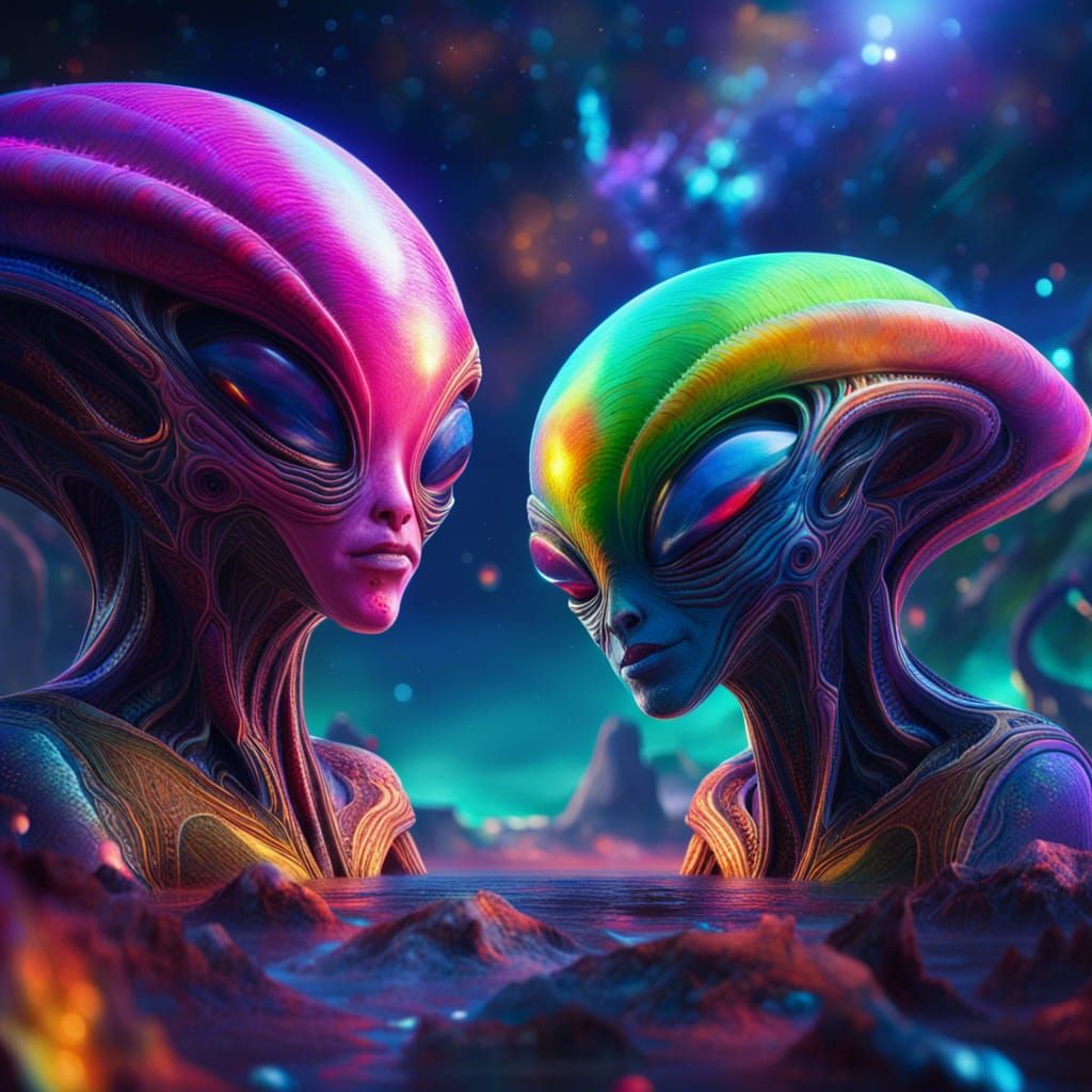 alien habitat, two colorful aliens, Saturn in background, 16k ...