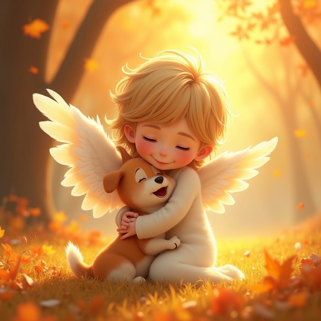 Angel Tenderly Hugs Young Dog Amidst Whimsical Aut... - AI Art