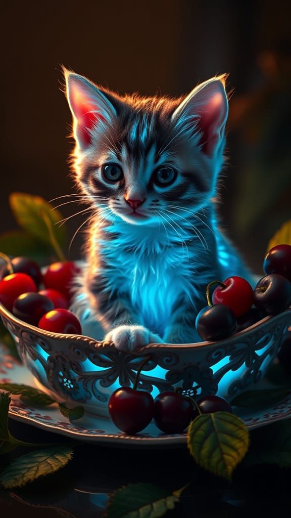 A cute cherry cup - Ethereal Kitten Illuminates Dark Backgro...