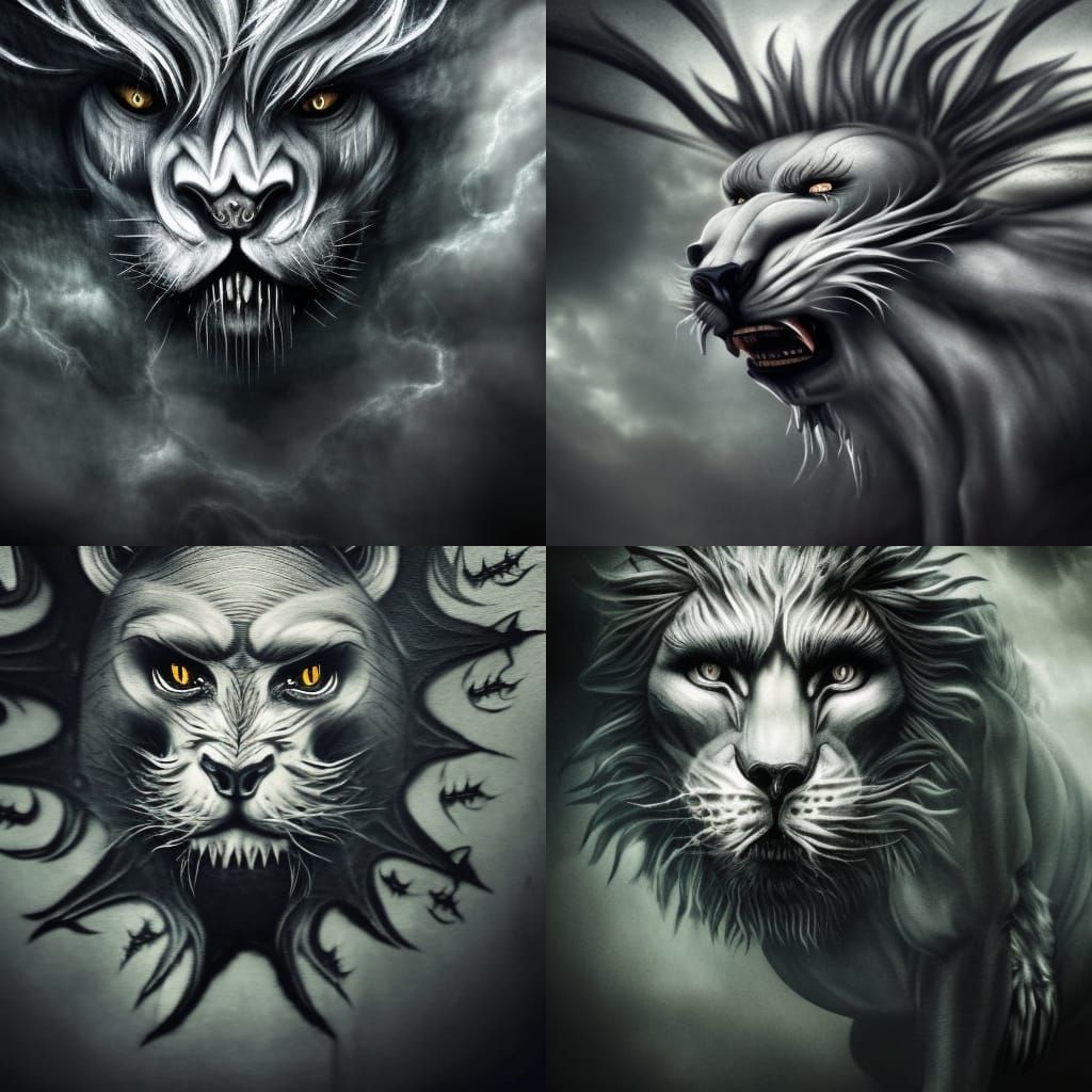 Roaring lion, creature of nightmares, made of storm clouds, horror ...