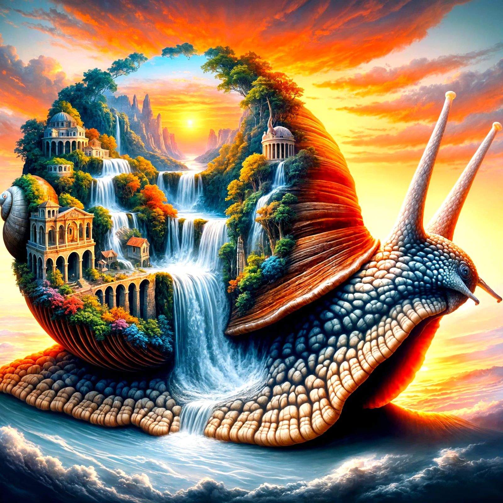 A snail sunset - Surreal Snail Shell with Vibrant Waterfalls...