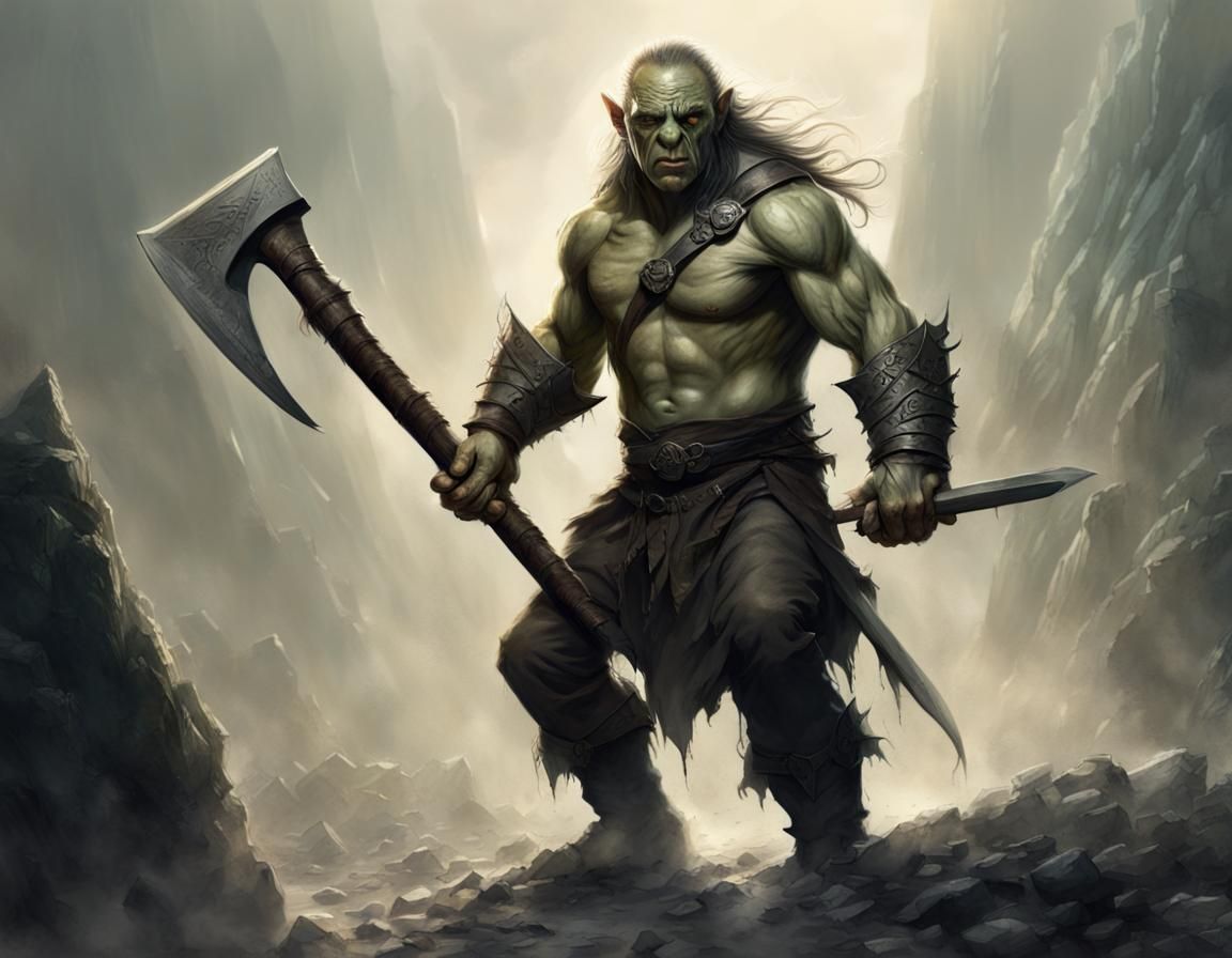 A menacing orc warrior from Middle Earth wielding a fearsome hatchet ...