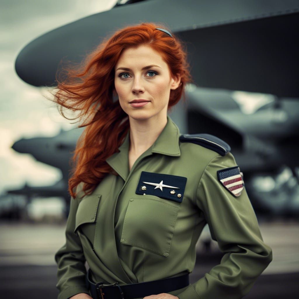 Portrait of a beautiful green-eyed redhead female British pilot ...