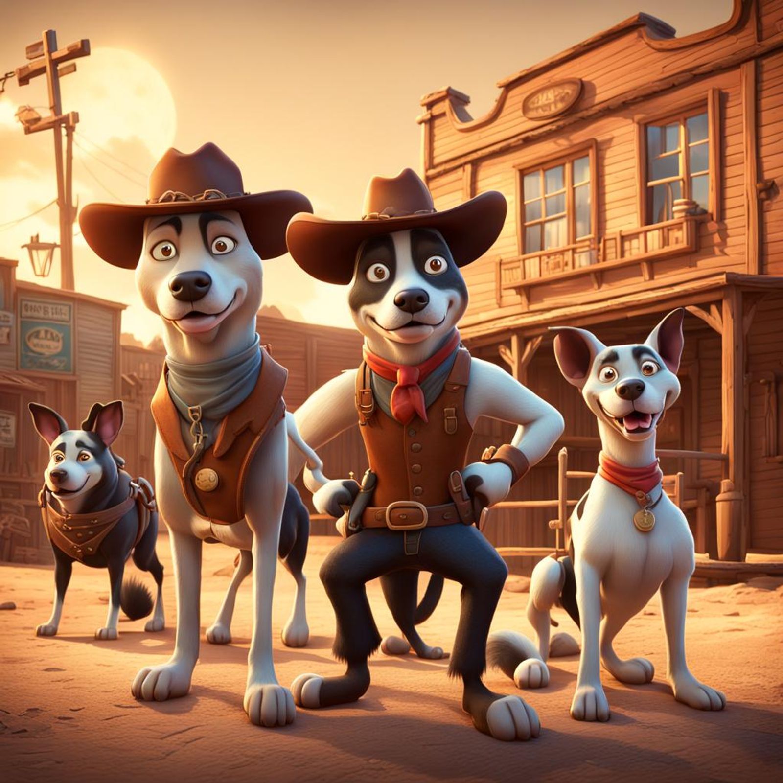 Cartoon look anthropomorphic wild west dogs in a western town with farm ...
