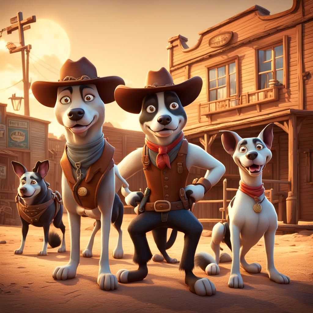 Cartoon look anthropomorphic wild west dogs in a western town with farm ...