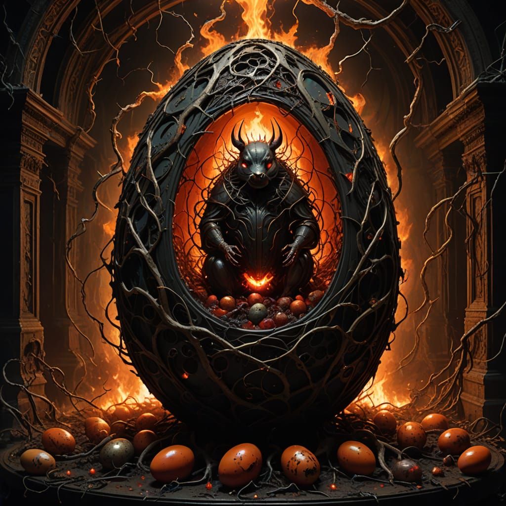 Inside a colossal, ornate Easter egg, a high priest casts out demons ...