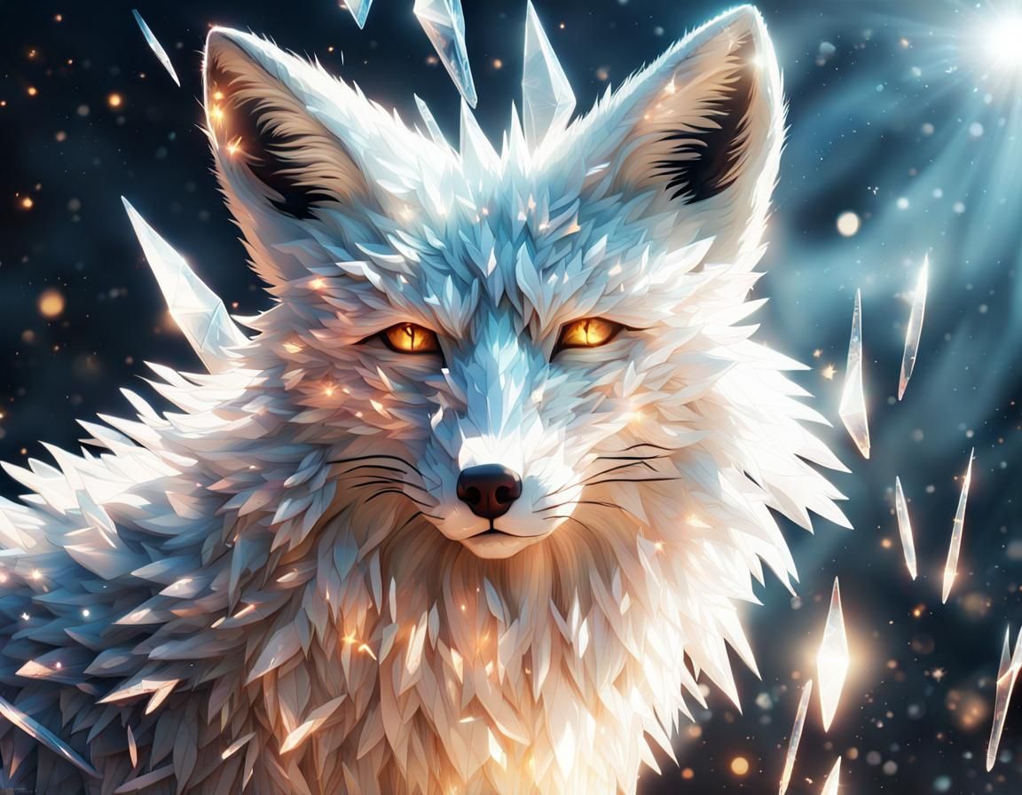 crystalline fox, white, whose fur is made from blunt glinting sparkling ...