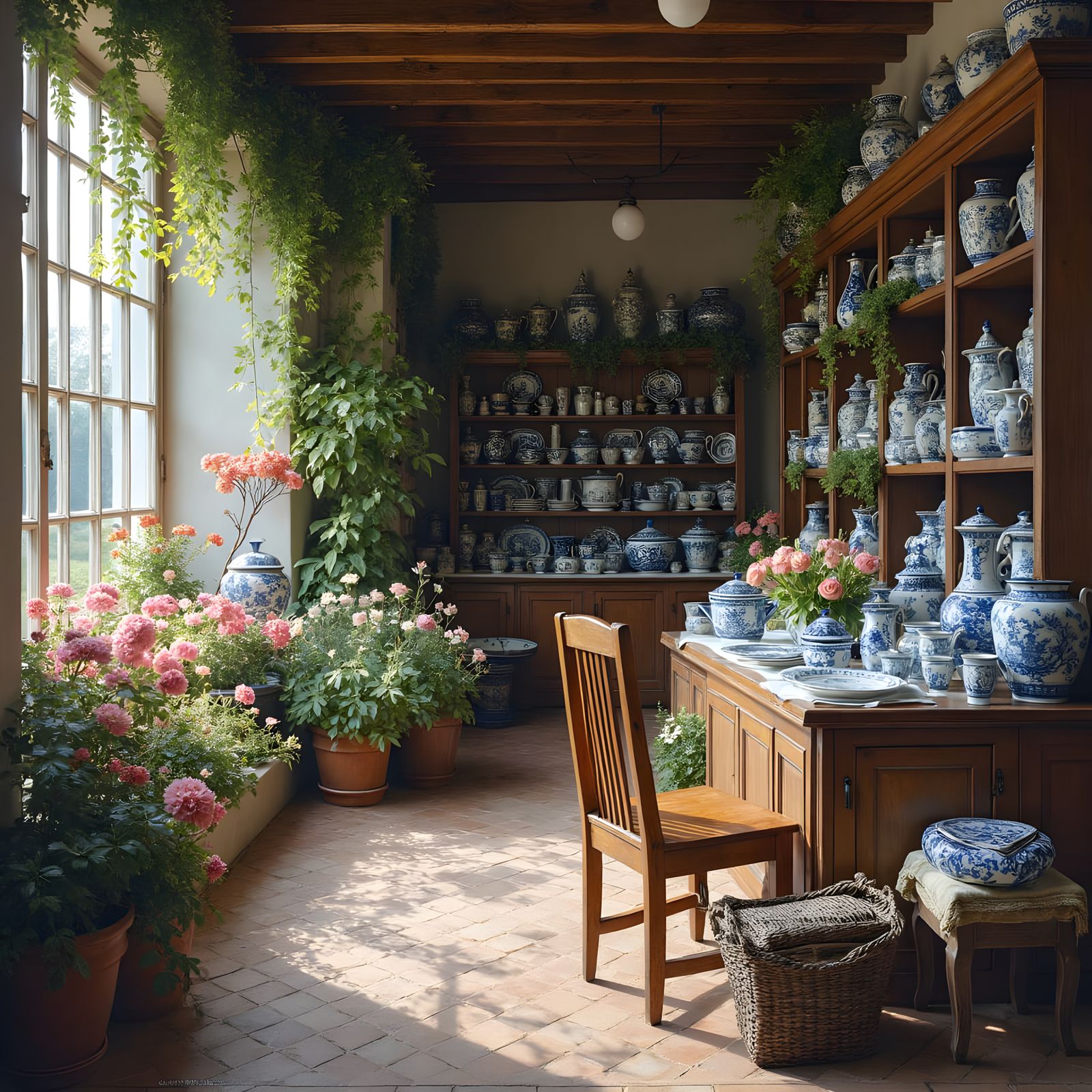An exquisite Vermeer-style oil painting of a traditional Delftware shop
