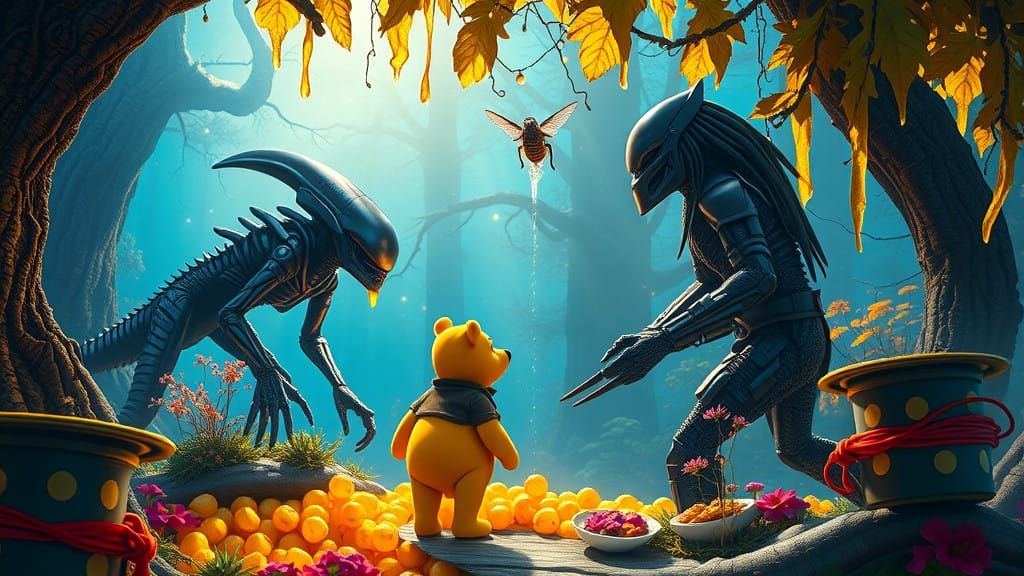 Winnie the Pooh Confronts Alien and Predator in Fa... - AI Art