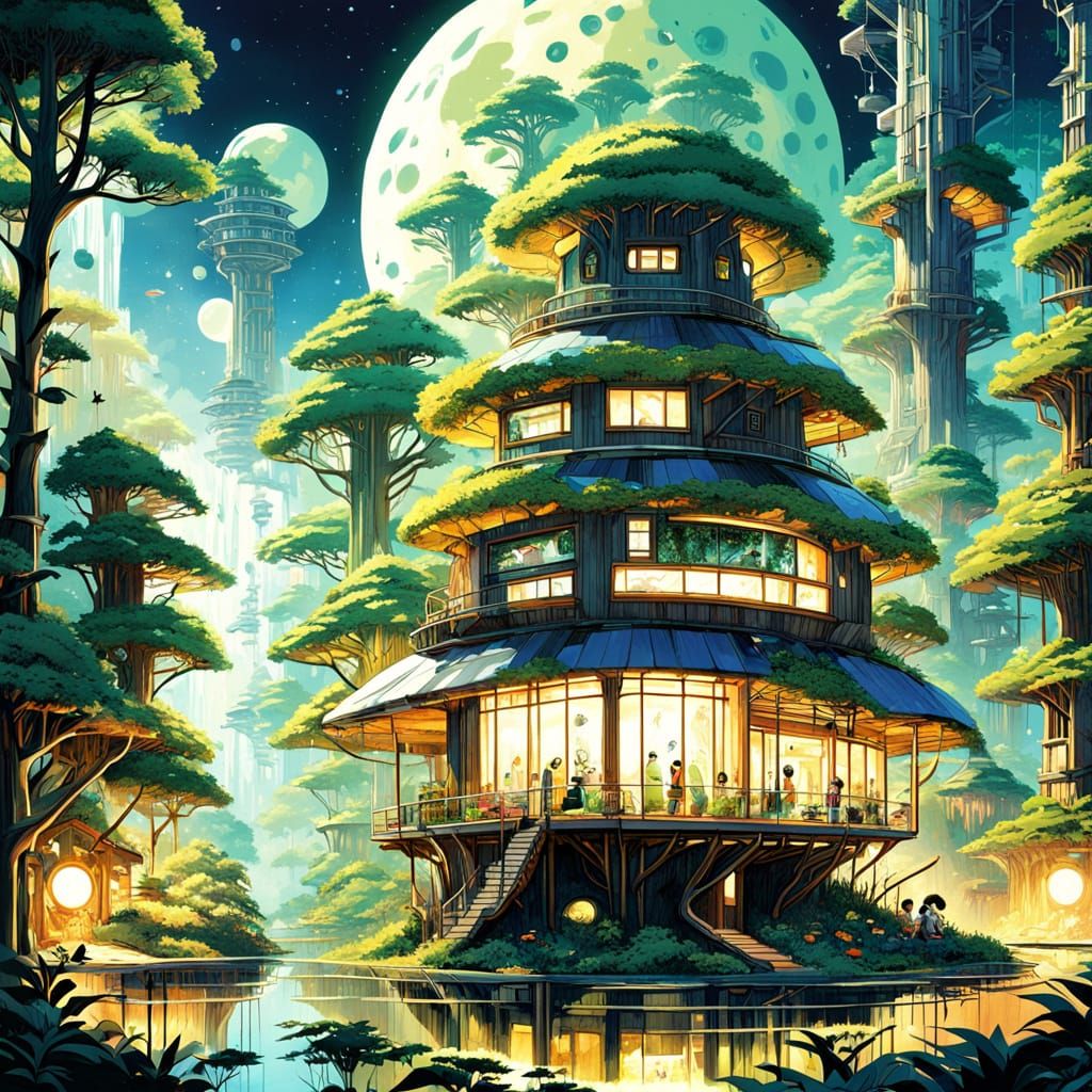 Solarpunk eco-tree-house village on the moon