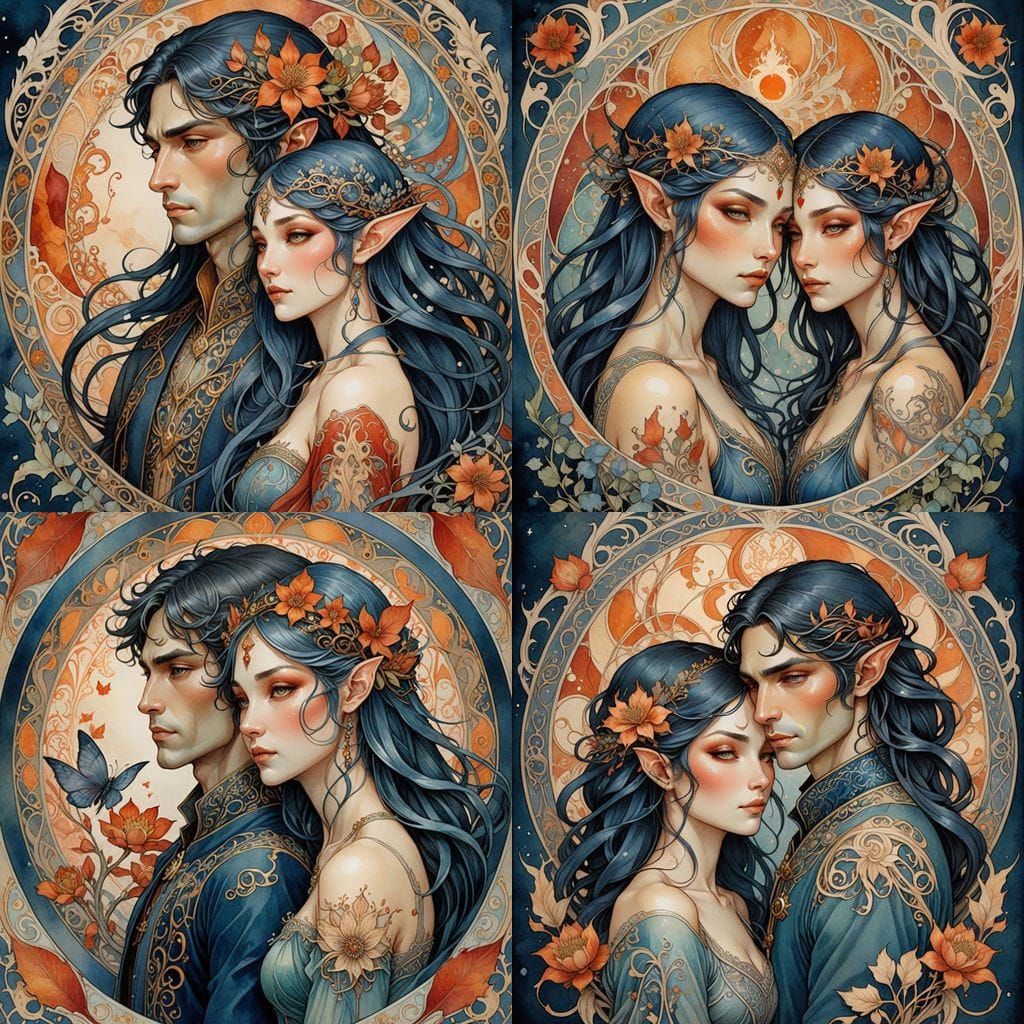Ethereal Elven Couple in Art Nouveau Fantasy Style - AI Art