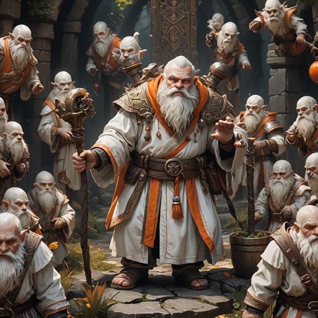 A dwarf with white Hear and beard with troddels, wearing a white robe ...