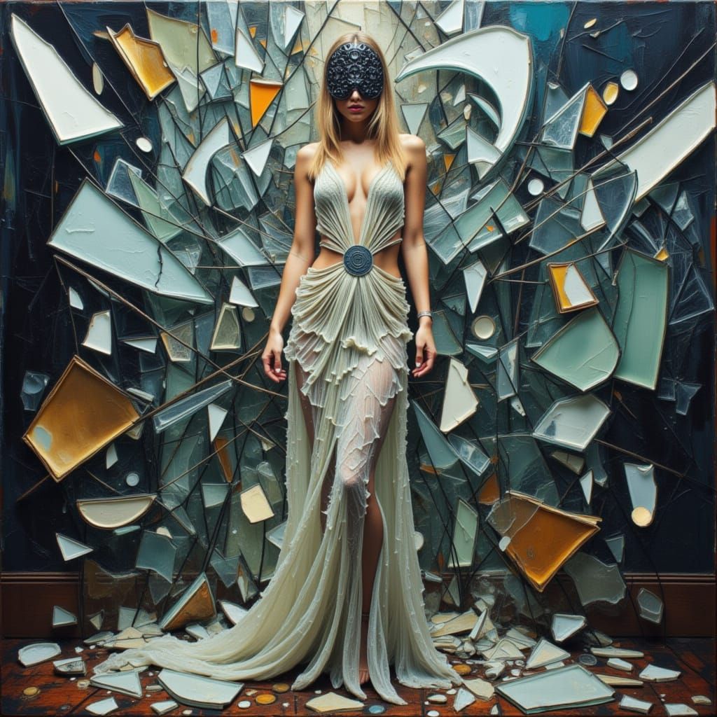 This image shows abstract art with fractured elements and a female ...