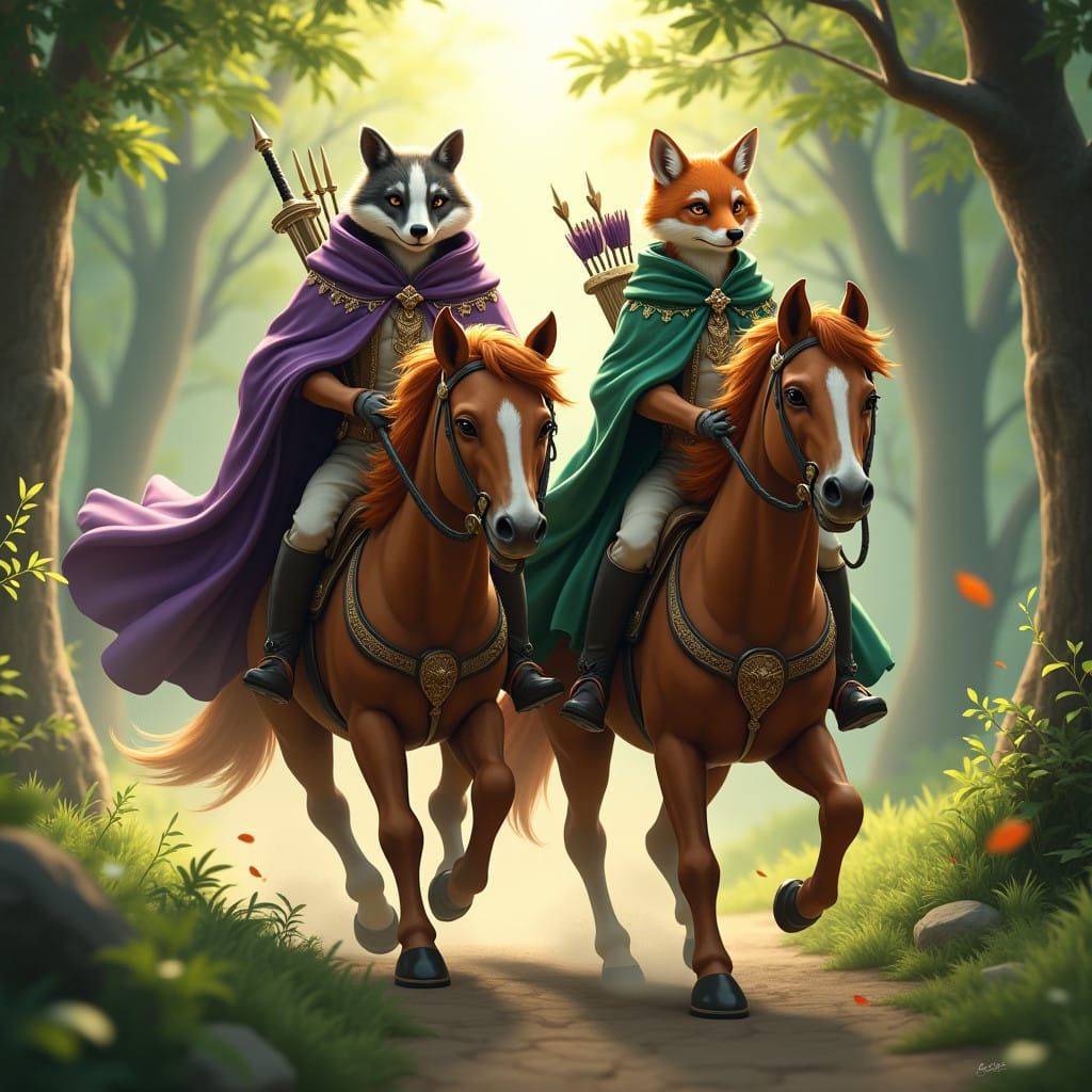 Majestic Badger and Fox Ride through Vibrant Woodl... - AI Art