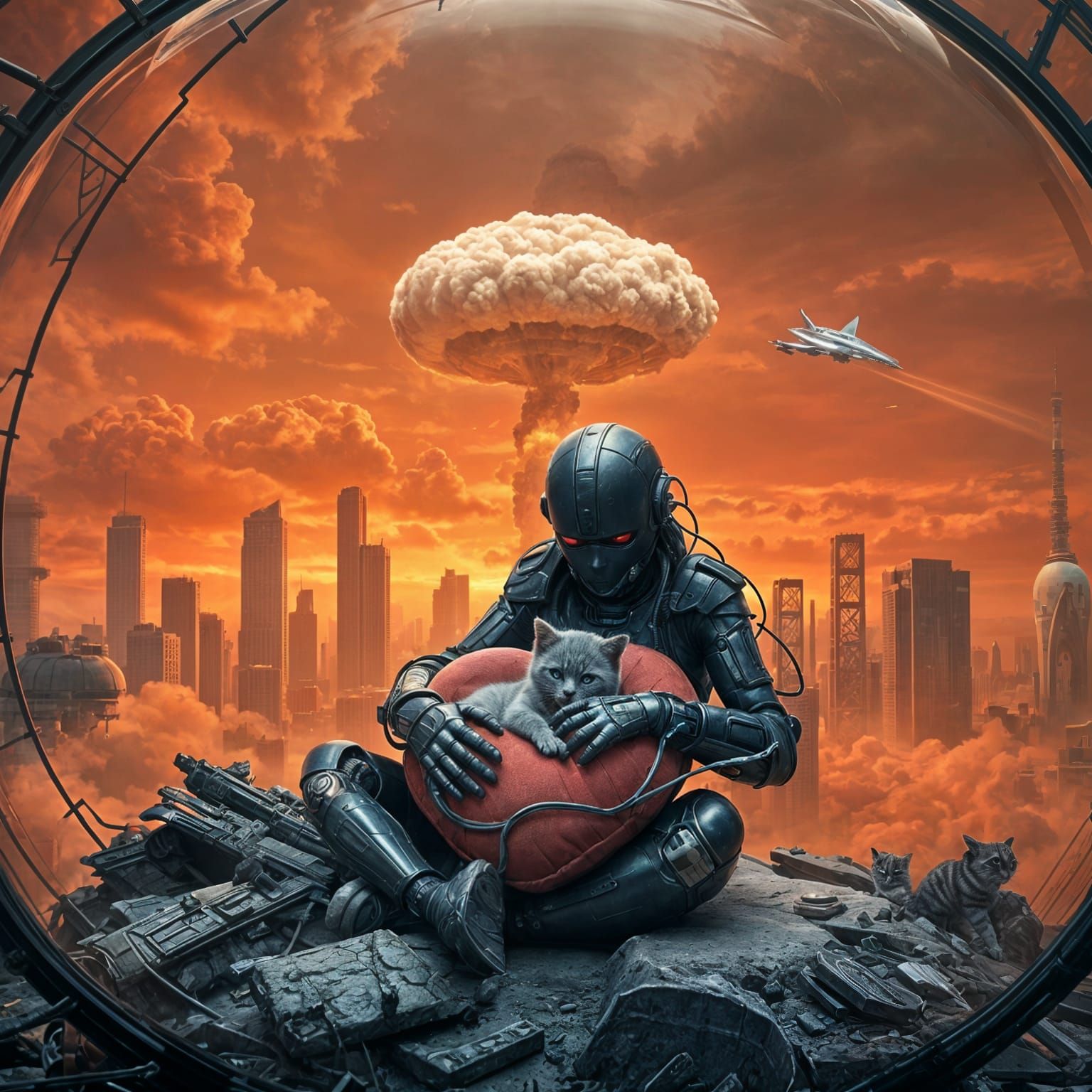 Cyborg Cuddles Kitten in Post-Apocalyptic Terrariu... - AI Art