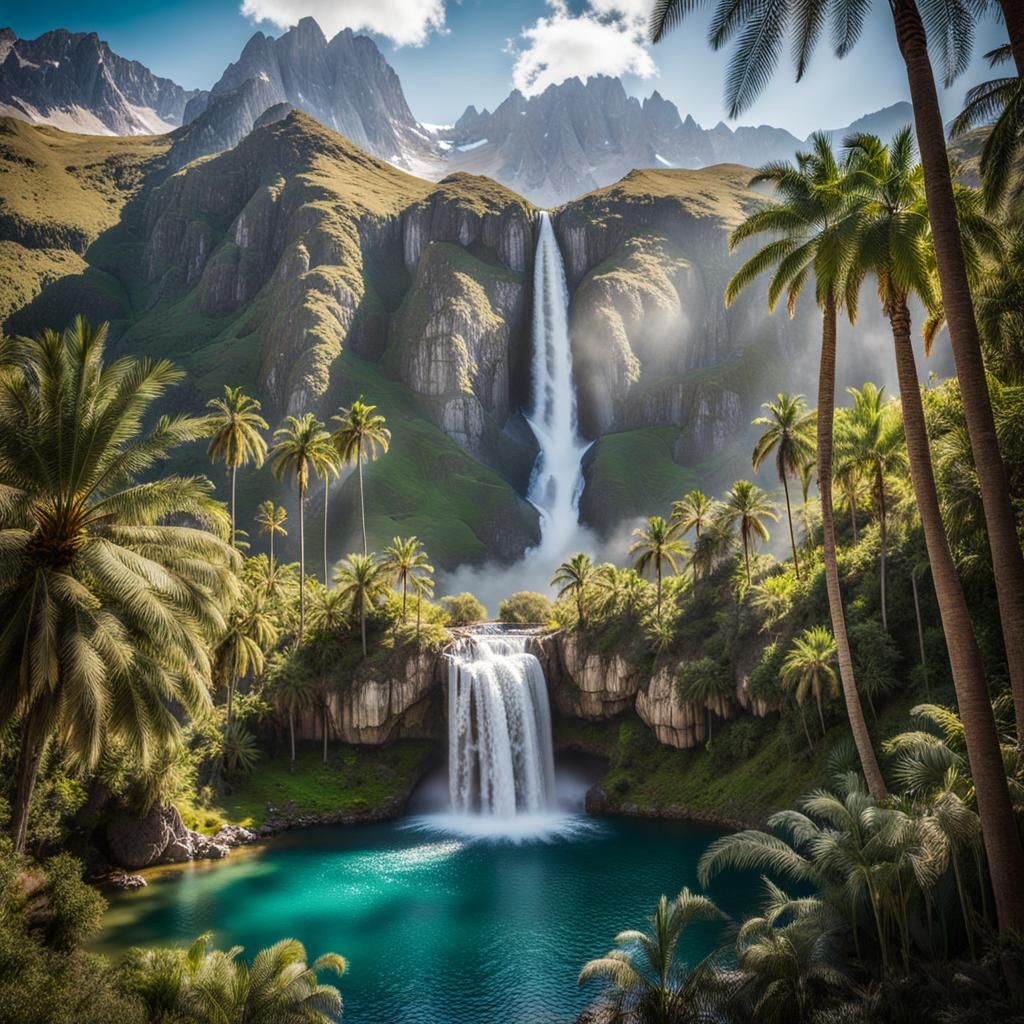 View to a high waterfall, from above, falls into crystal clear small ...