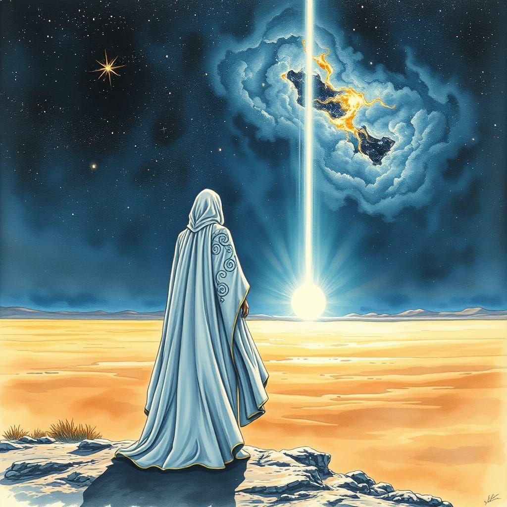 Mystical Figure in Cosmic Robes Illuminated by Sta... - AI Art
