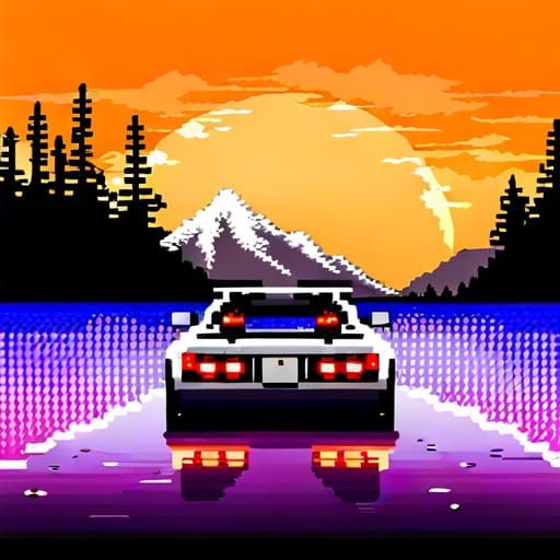 Pixel-Art of a JDM car in a beautiful night scenery, 8-BIT 16-BIT ...