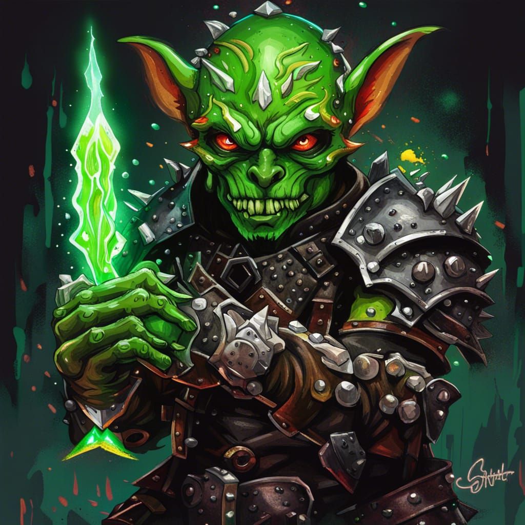 Goblin psychic psi blade with green flames on fists in studded leather ...