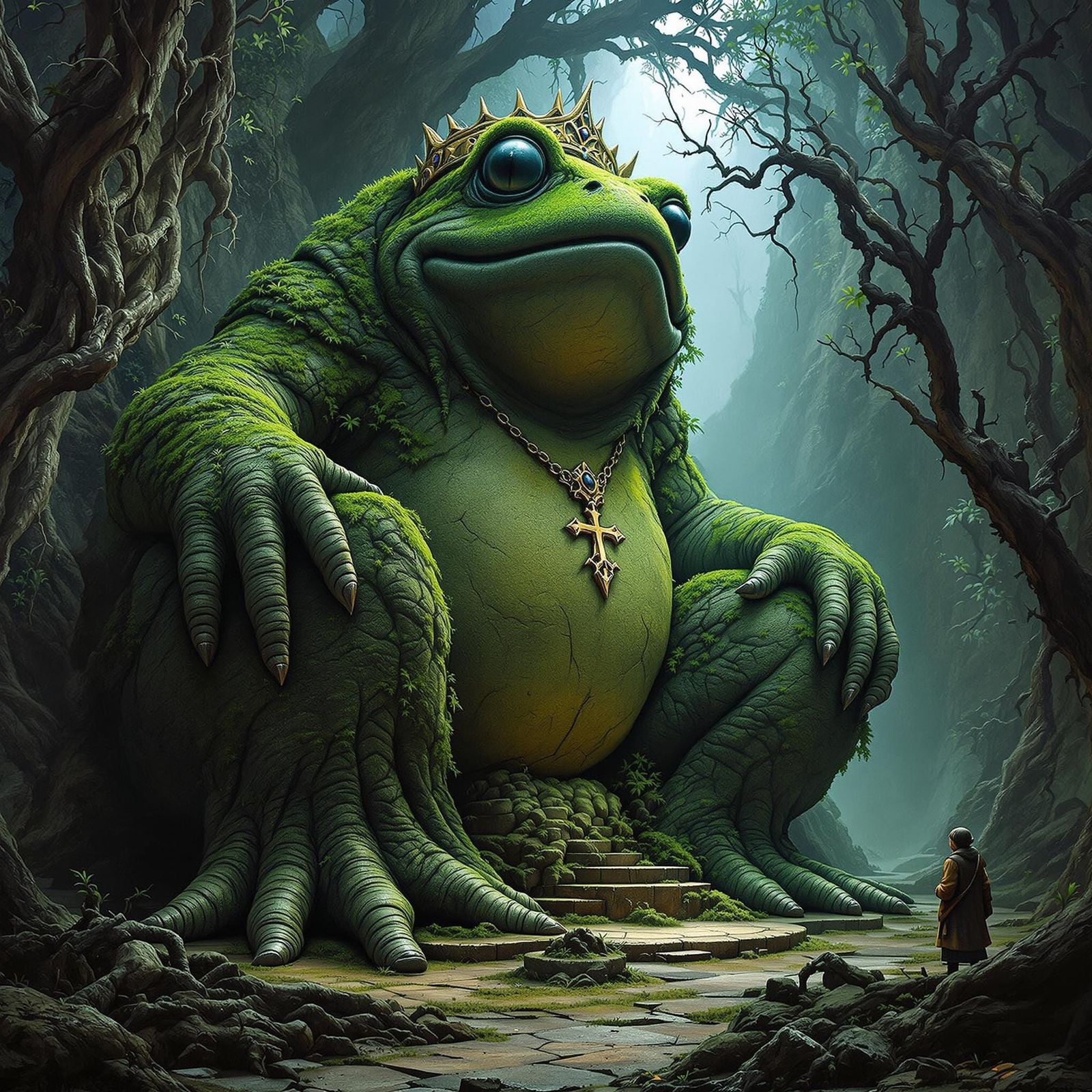 Mystical Frog Statue in Forgotten Fantasy Realm - AI Art