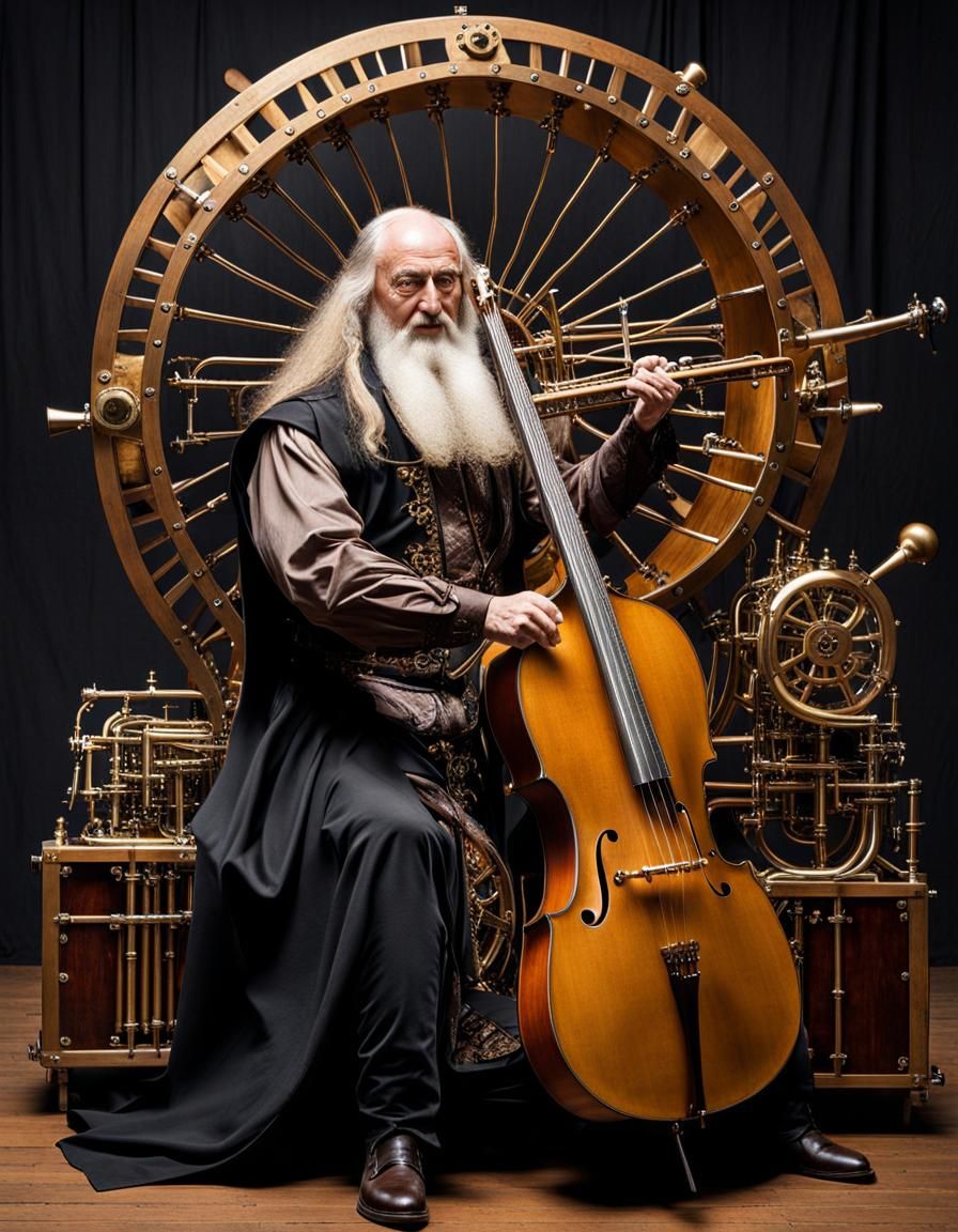 Excited Leonardo da Vinci testing his latest music instrumental ...