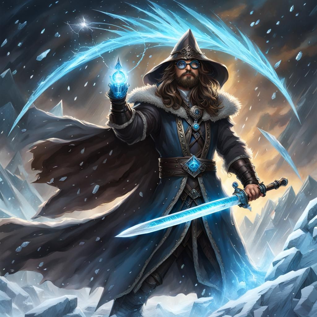 An ice wizard with black eyes summoning a rain of ice sword around him ...