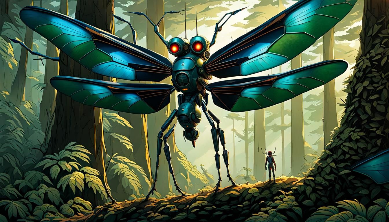 A giant mechanical dragonfly with a metal exoskeleton and insect cyborg ...