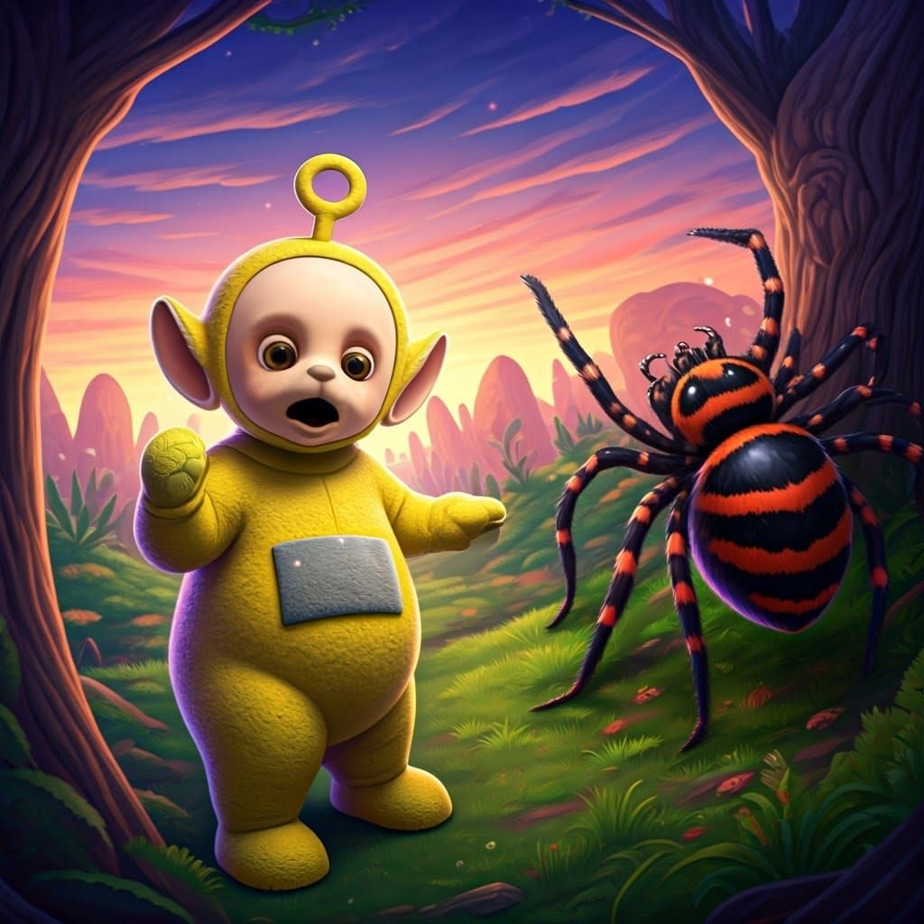Teletubby Confronts a Menacing Red and Black Spide... - AI Art