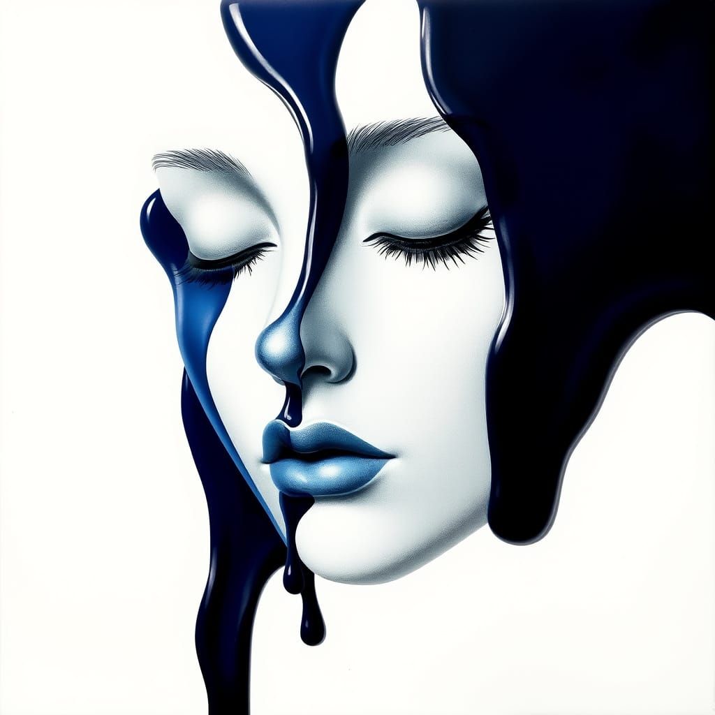Monochromatic Abstract Portrait with Indigo Drips - AI Art