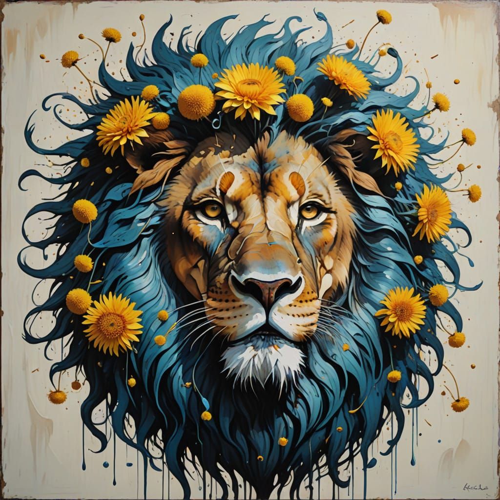 Surreal Lion's Head Surrounded by Whimsical Dandel... - AI Art