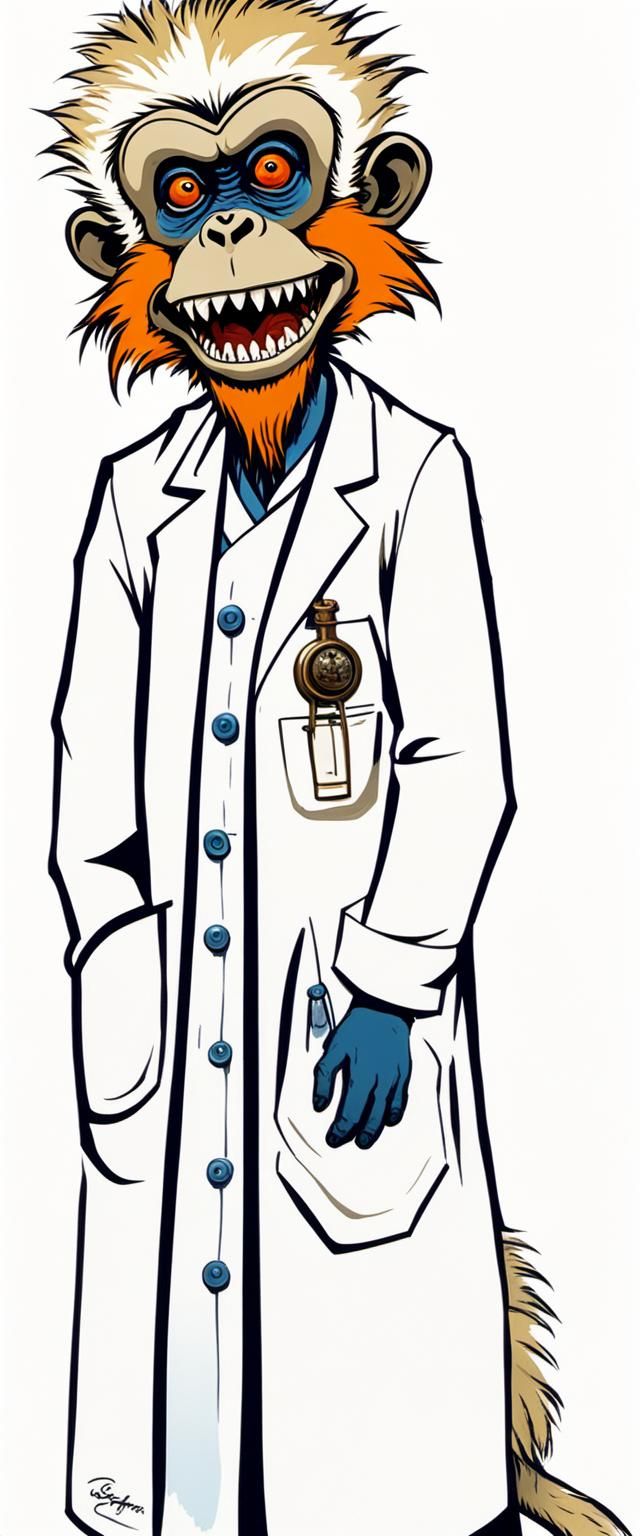 a monkey wearing a lab coat with very sharp teeth - AI Generated ...